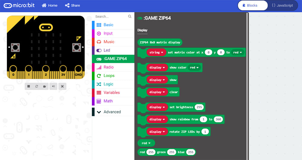 Custom Kitronik :GAME ZIP 64 MakeCode Blocks – Kitronik Ltd
